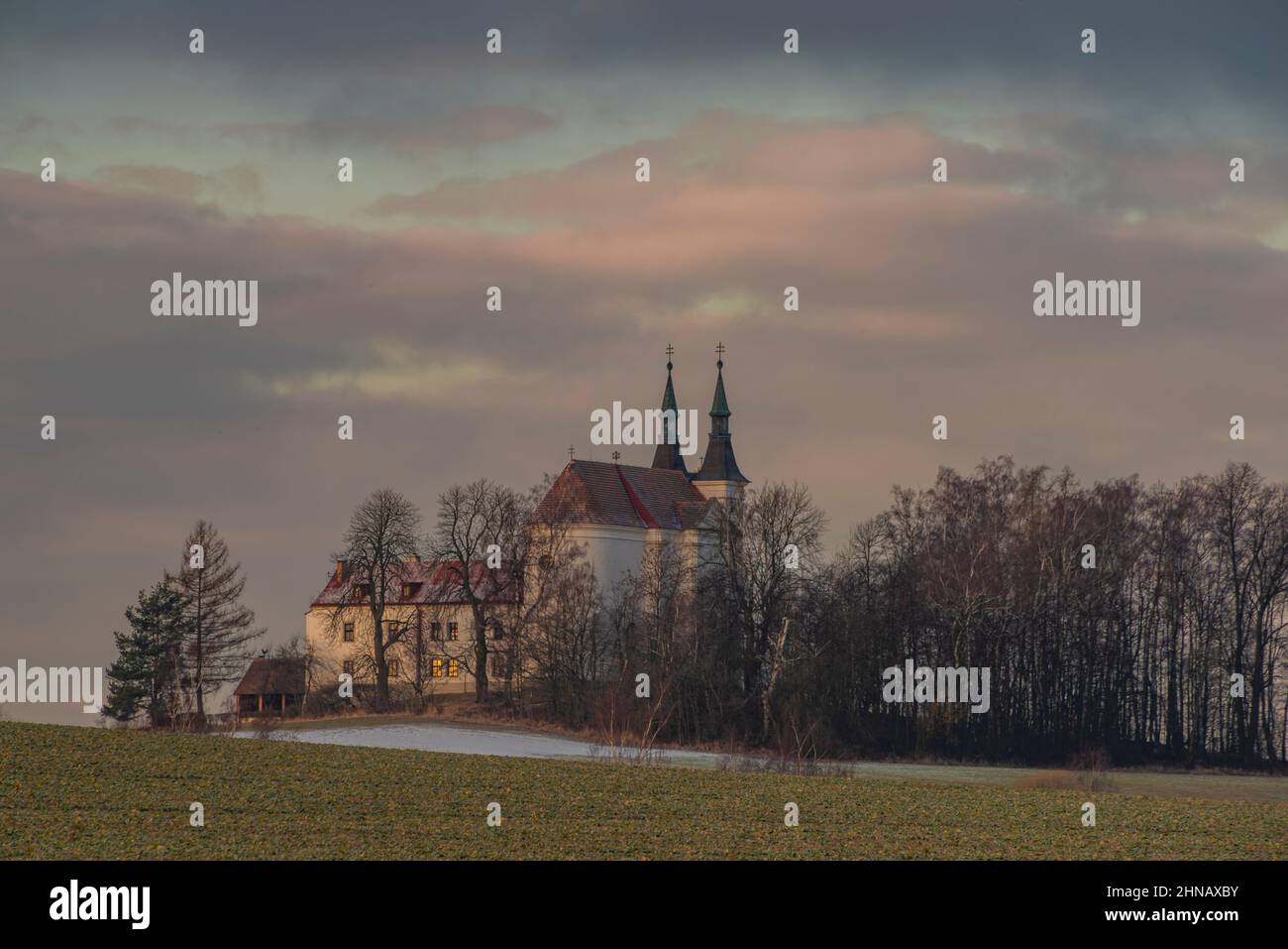 Church of Sankt Jan Nepomucky near Telc old town in winter color ...