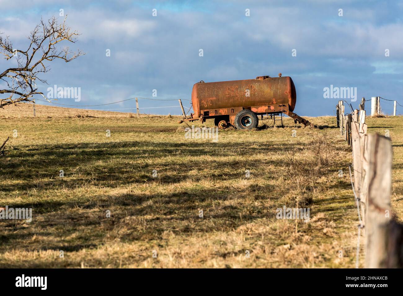 Water tank, drinker for cattle on pasture in Czech Republic. Empty ...