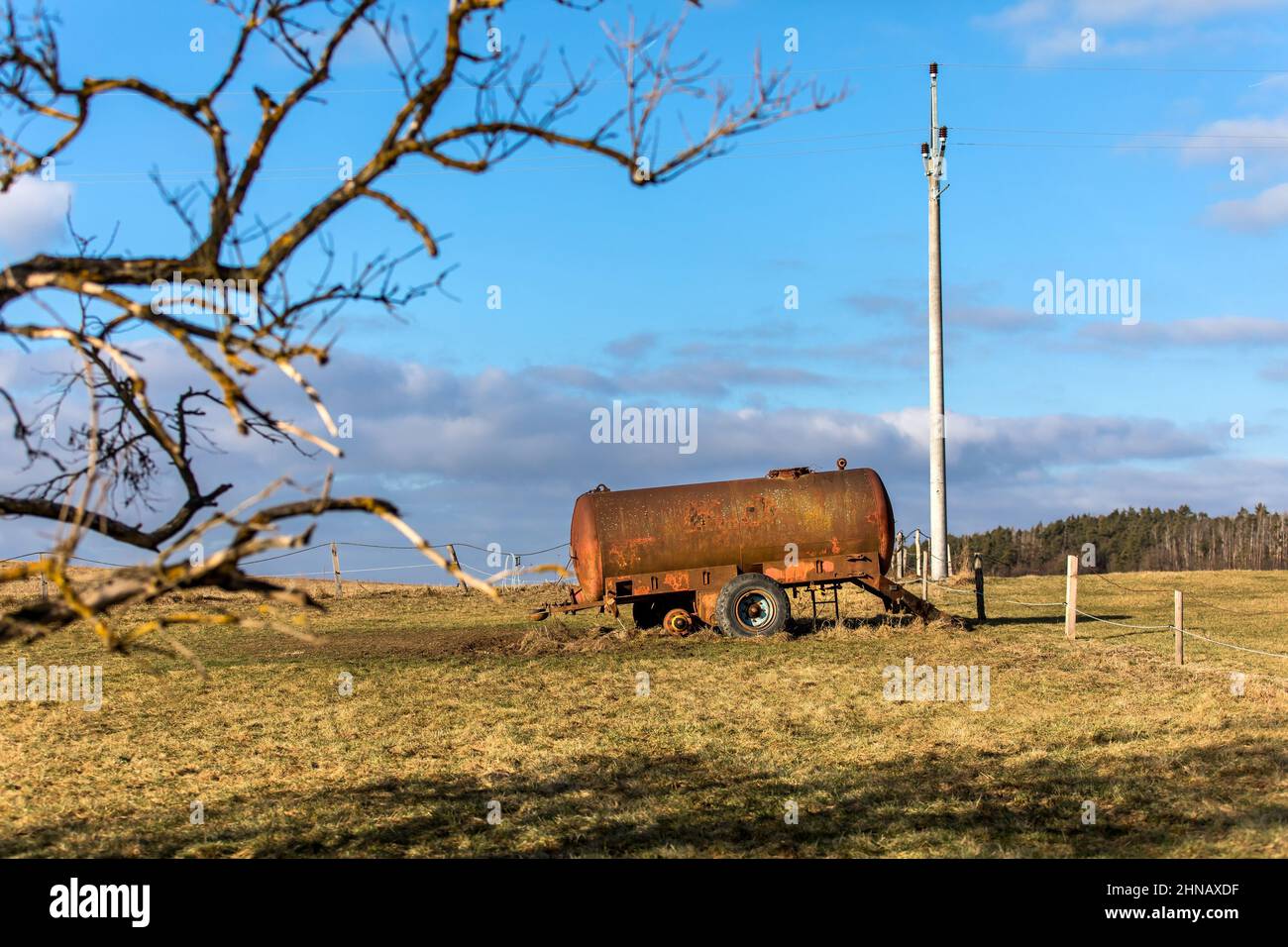 Water tank, drinker for cattle on pasture in Czech Republic. Empty ...