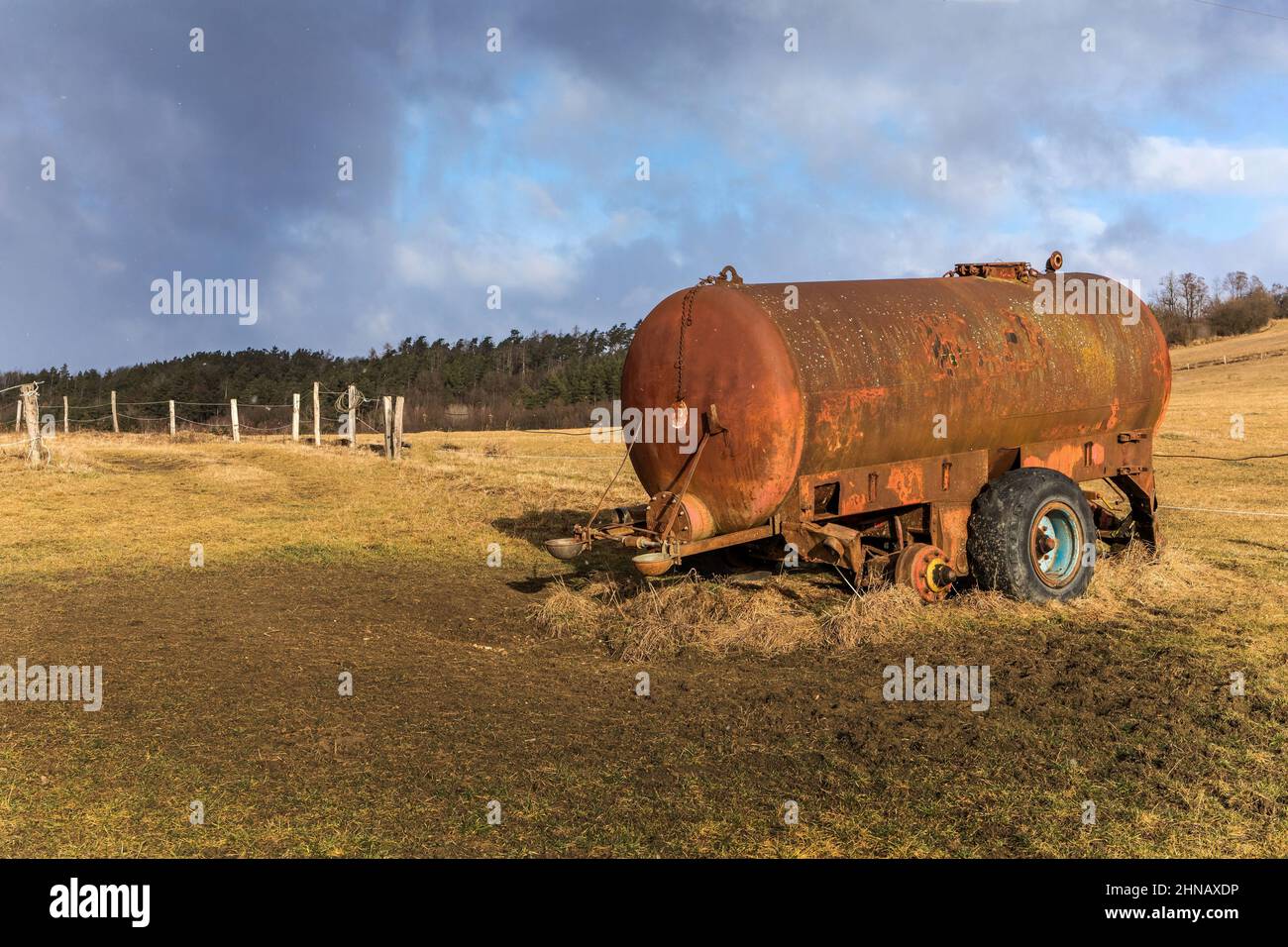 Water tank, drinker for cattle on pasture in Czech Republic. Empty ...