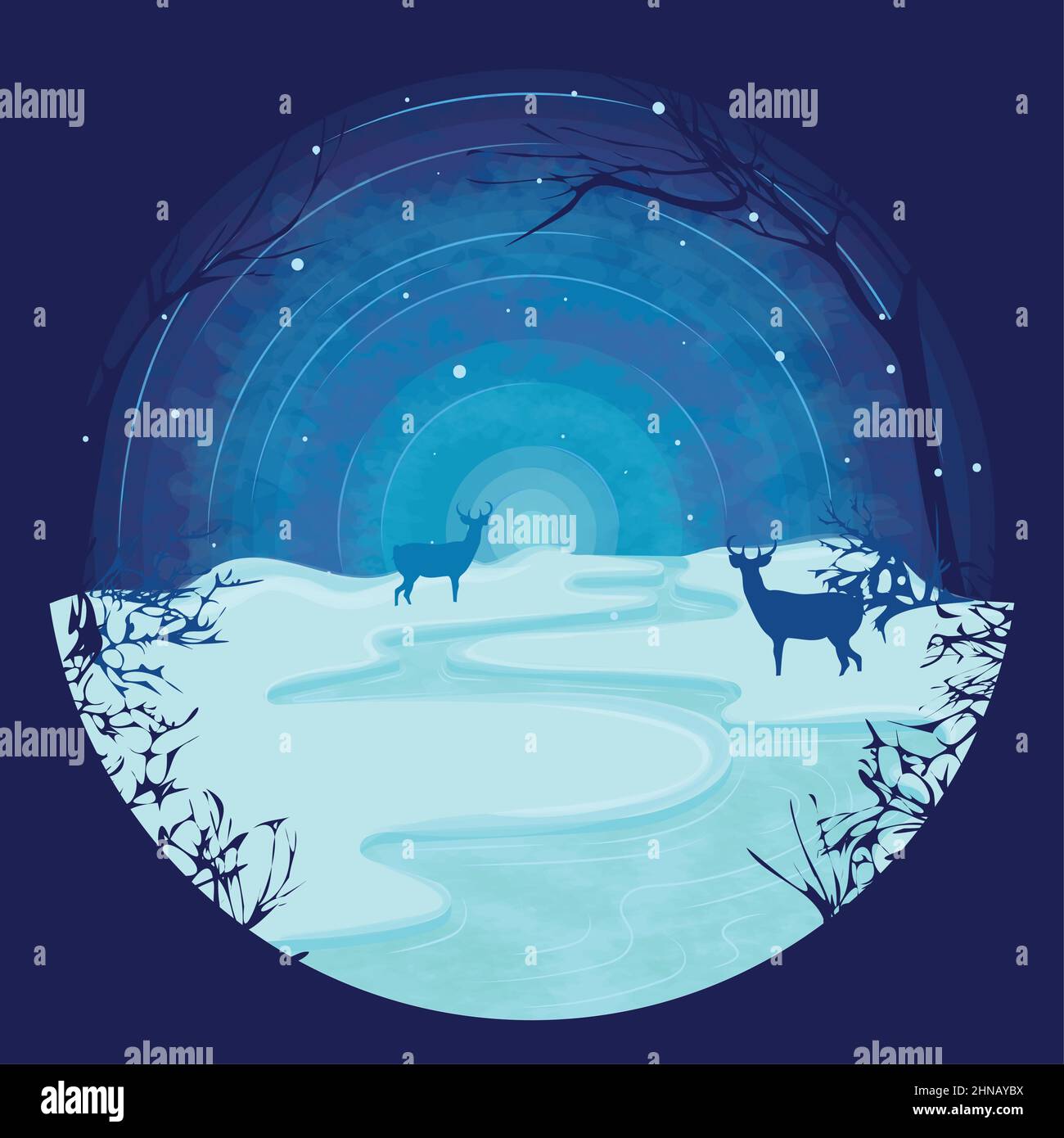 Colored winter landscape with silhouette of reindeers Vector Stock ...