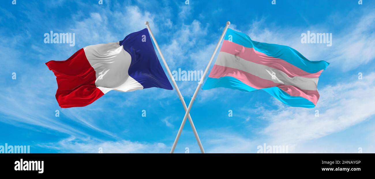 crossed national flags of France and transgender Pride flag waving in ...