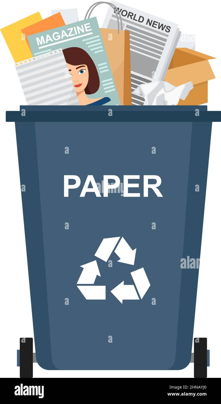 Garbage bin with paper waste, recycling garbage, vector illustration ...