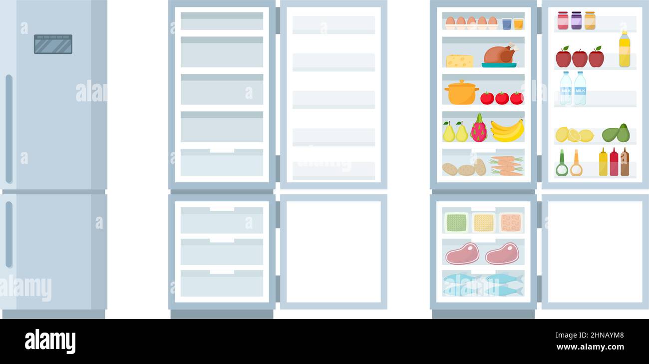 Closed and open empty refrigerator. Fridge and freezer full of food ...