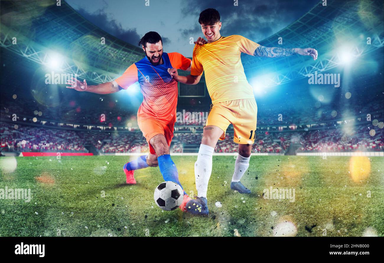 Football scene with competing football players at the stadium Stock ...