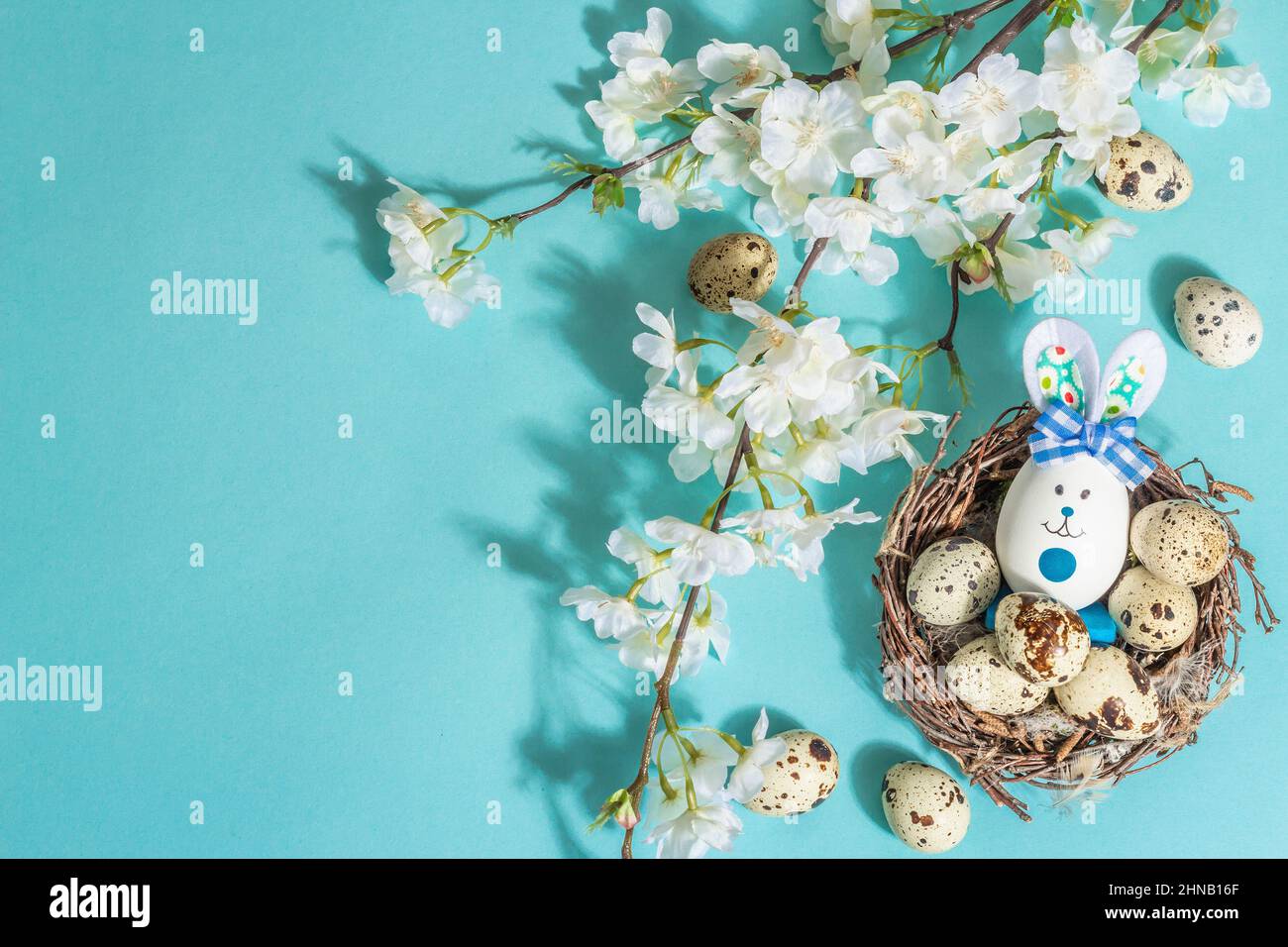 Happy Easter blue background with blooming cherry, quail eggs in a nest ...