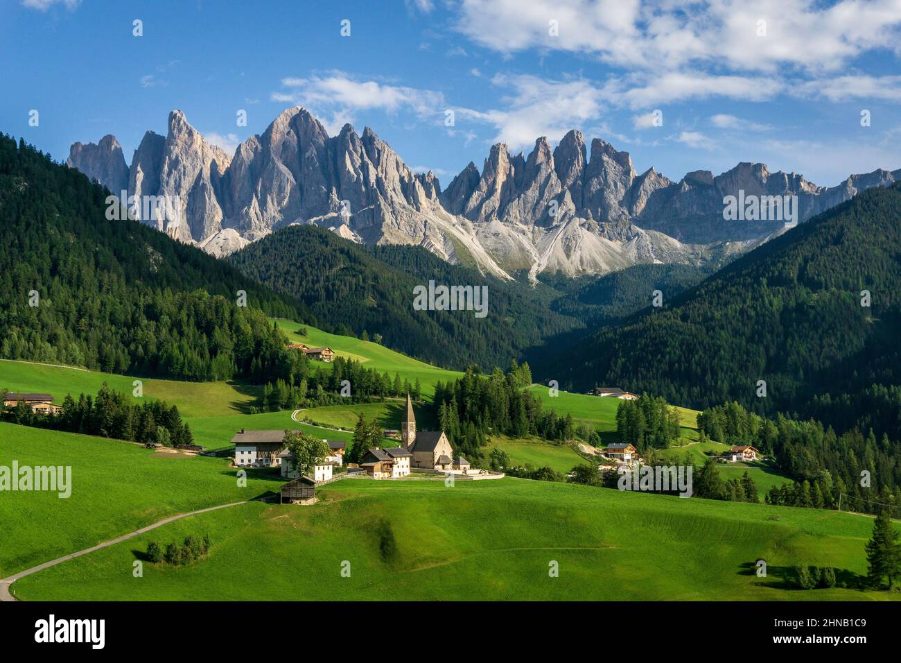 The peaks of the Odle group above the village of Santa Maddalena in Val ...