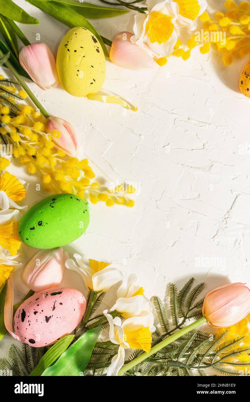 Spring Easter festive background with pastel eggs and traditional ...