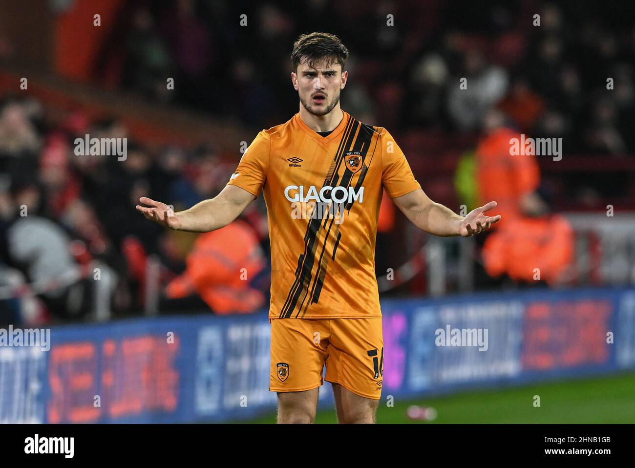 Ryan Longman #16 of Hull City appeals to referee Oliver Langford Stock ...