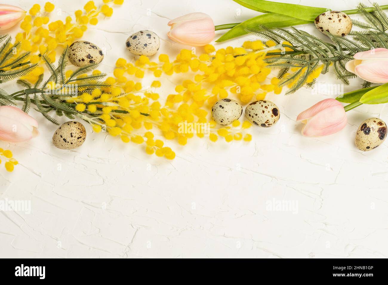 Spring Easter festive background with quail eggs and traditional spring ...