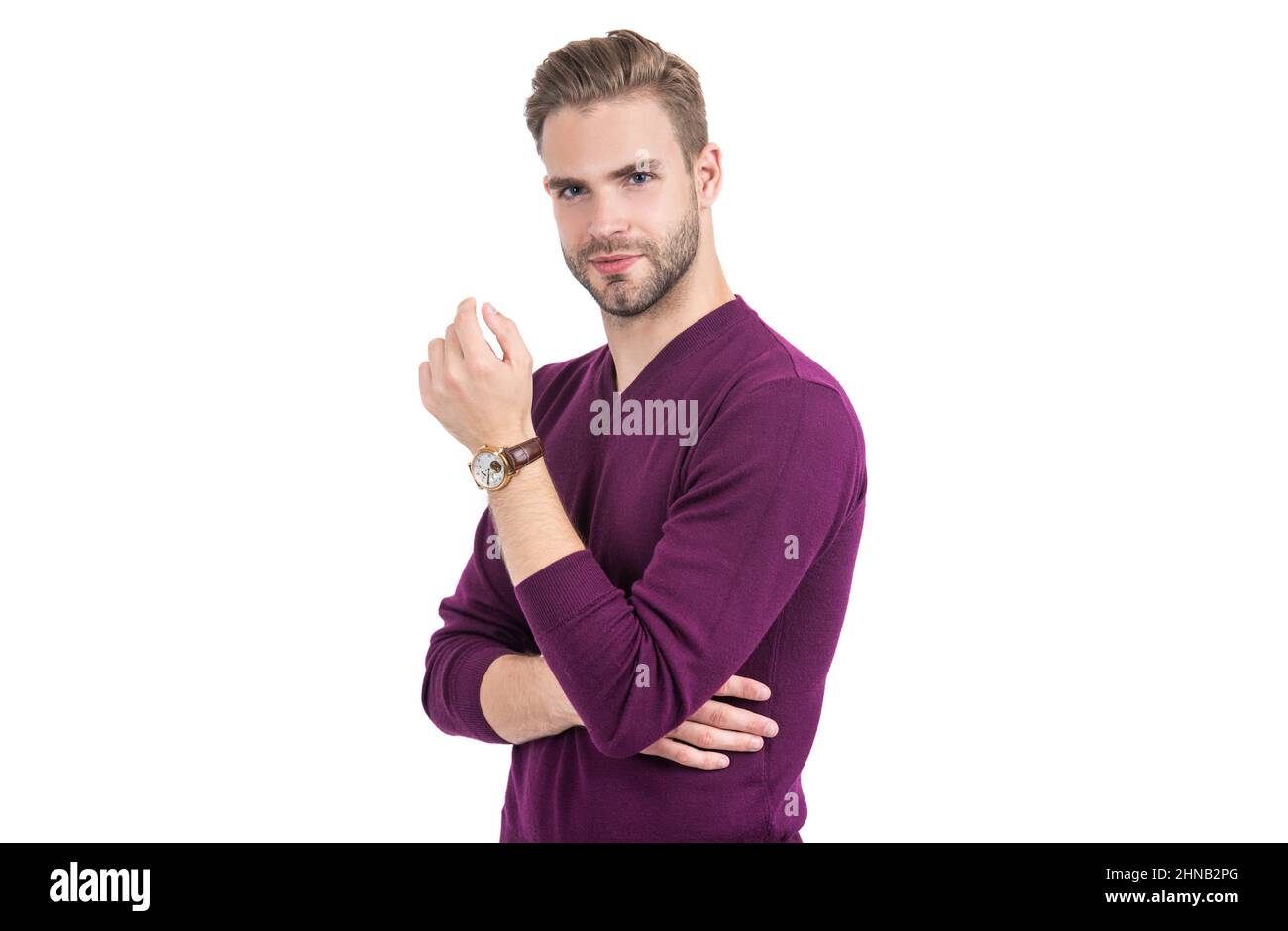 Extremely handsome guy. Caucasian guy wear violet pullover isolated on ...