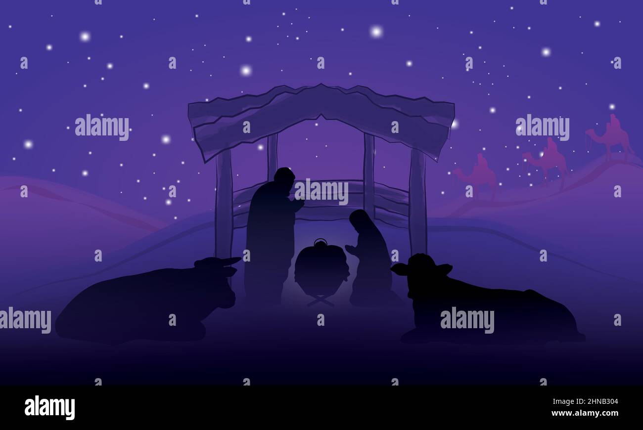 Nativity landscape purple night scene with stars mangel Vector Stock ...
