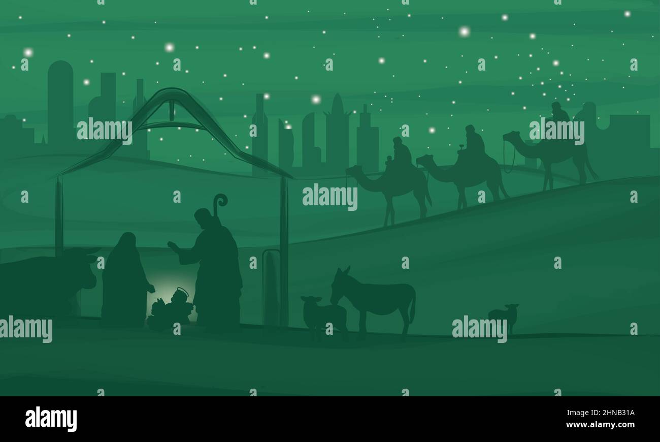 Nativity landscape green night scene with stars mangel Vector Stock ...