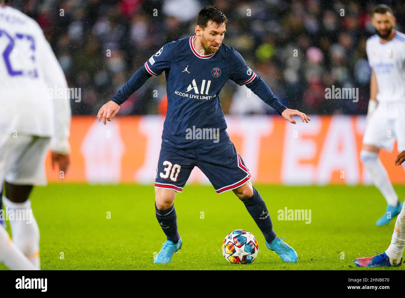 PARIS, FRANCE - FEBRUARY 15: Lionel Messi of Paris Saint-Germain passes ...
