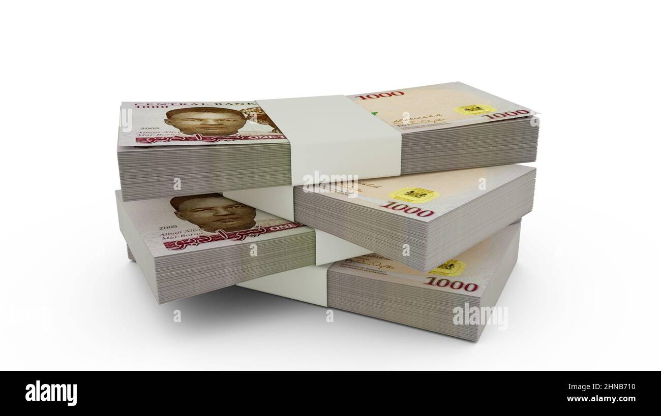 3d rendering of Stack of 1000 Nigeria Naira notes. Few bundles of naira ...
