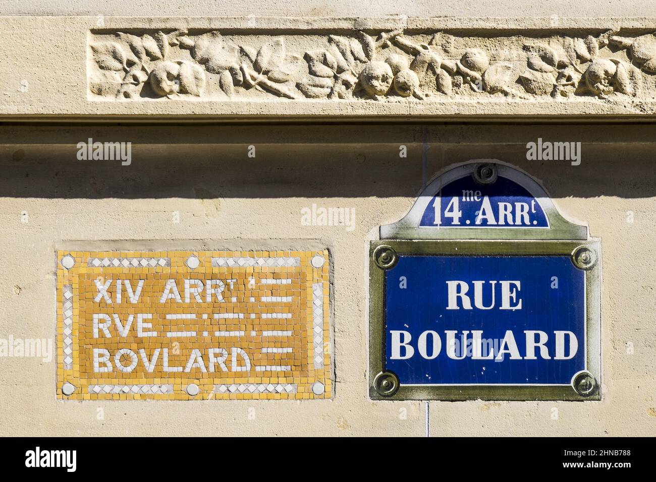 France. Paris (14th district) Street sign, building at the corner of ...