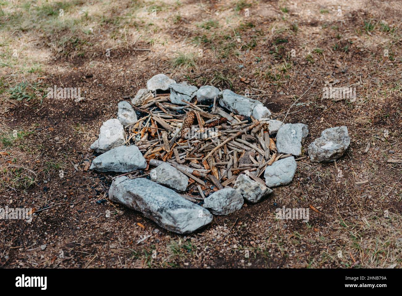 Bonfire In The Circle Of Stones In The Forest. Stone Bonfire In The ...