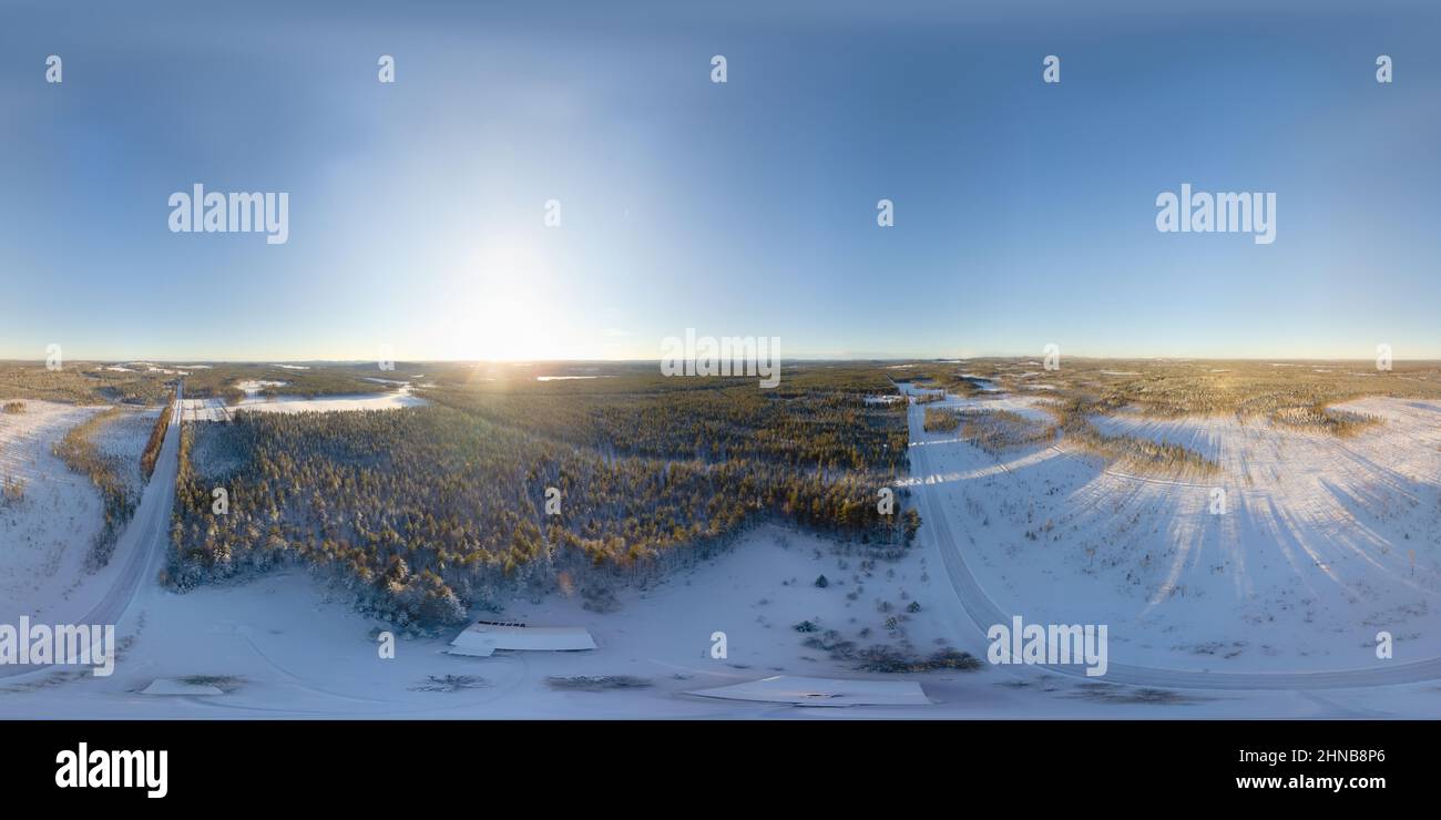 Spherical panorama of snowy Lapland landscape. Equirectangular ...