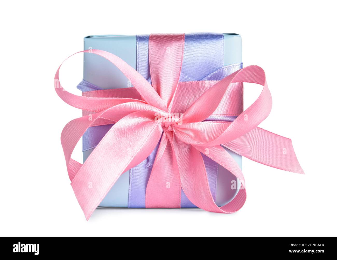 Gift box with ribbons and bow on white background Stock Photo - Alamy