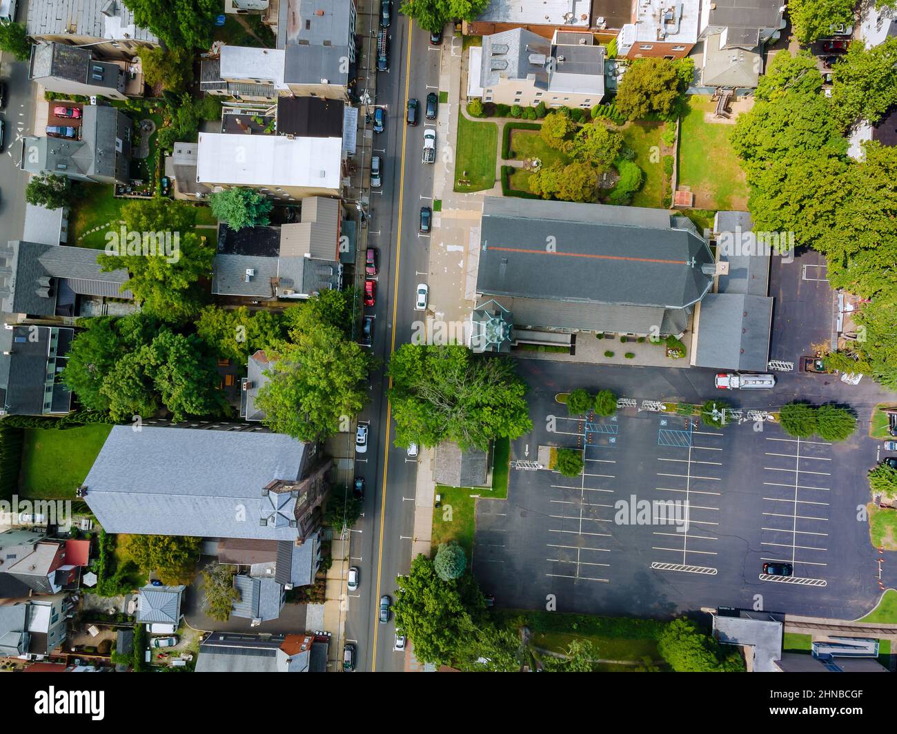 Aerial panoramic view of American old small town Lambertville the roofs ...