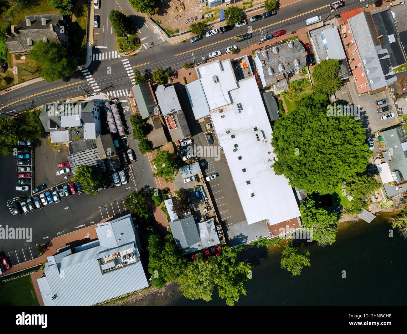Aerial view over the old historic small town in New Hope Pennsylvania ...