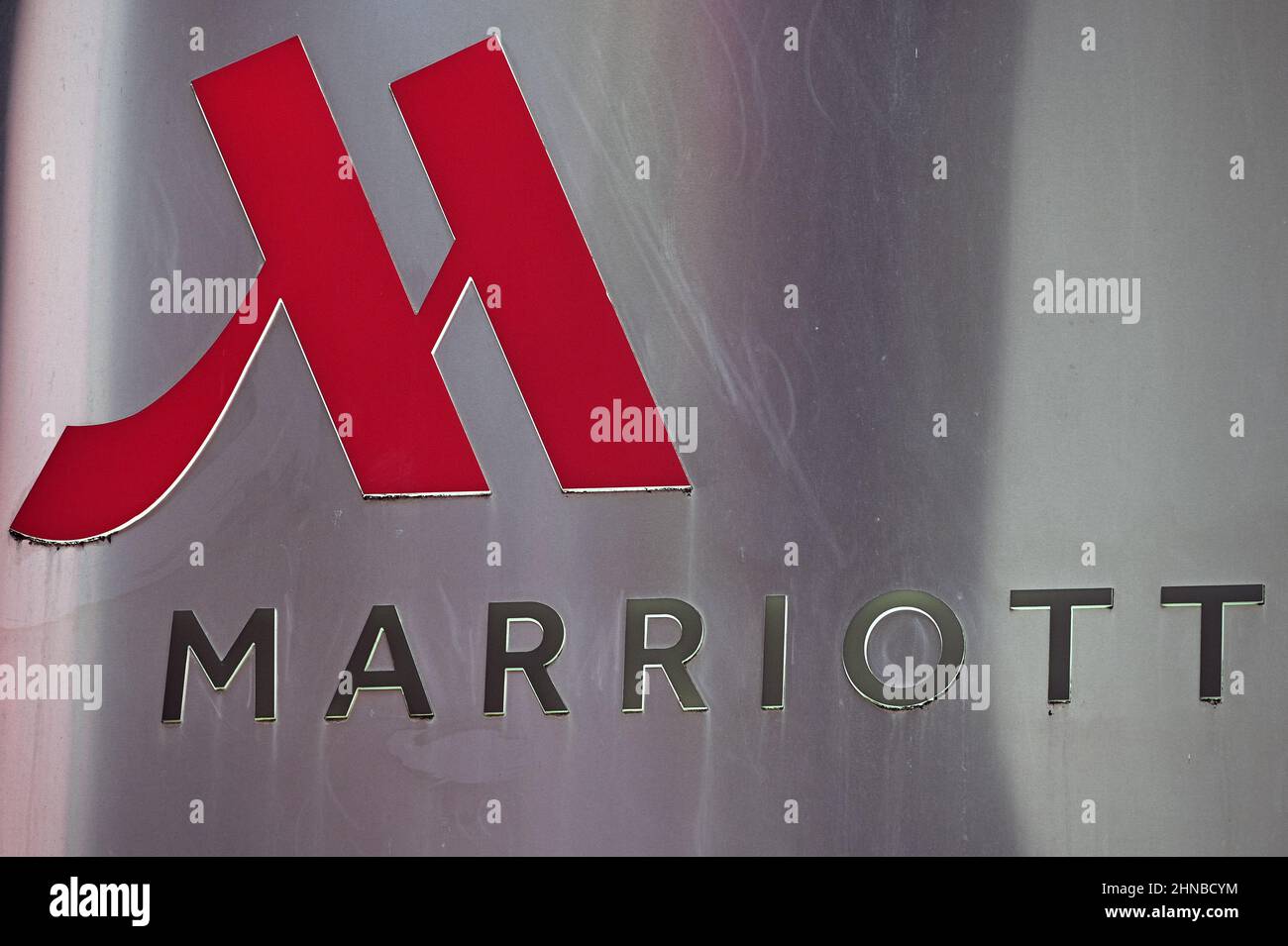 View of the Times Square Marriott Marquis New York Hotel signage, New ...