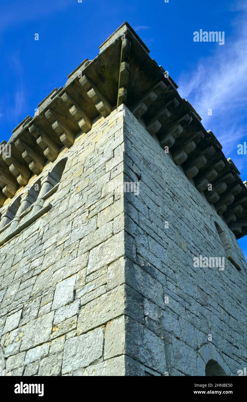 The top of the observation stone tower under the blue sky. Sochi ...