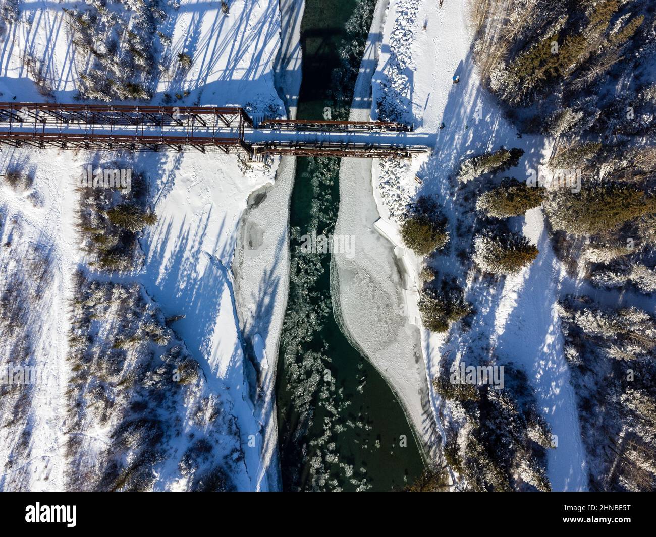 Aerial view of Bow River valley beautiful scenery in winter. Snowcapped ...