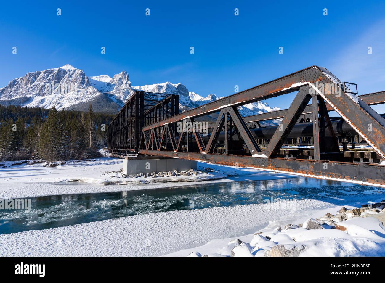 Canadian Rockies beautiful scenery in winter. Snowcapped mountain range ...