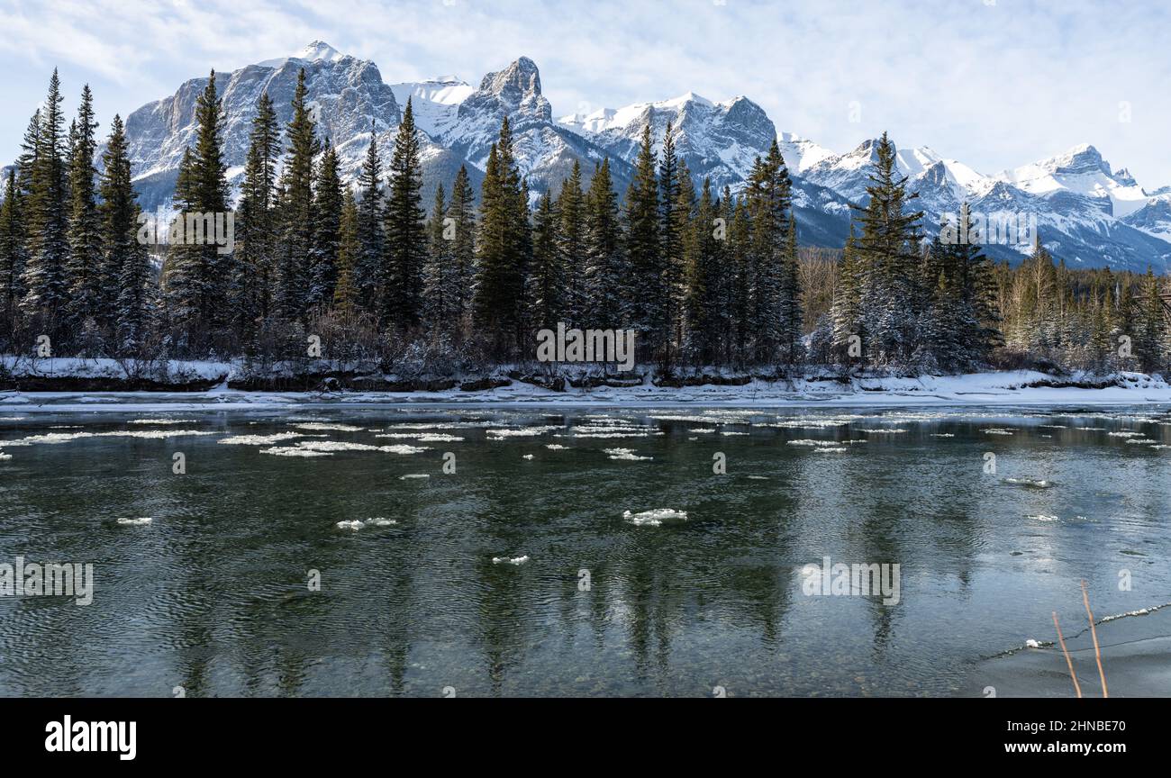 Canadian Rockies beautiful scenery in winter. Snowcapped mountain range ...