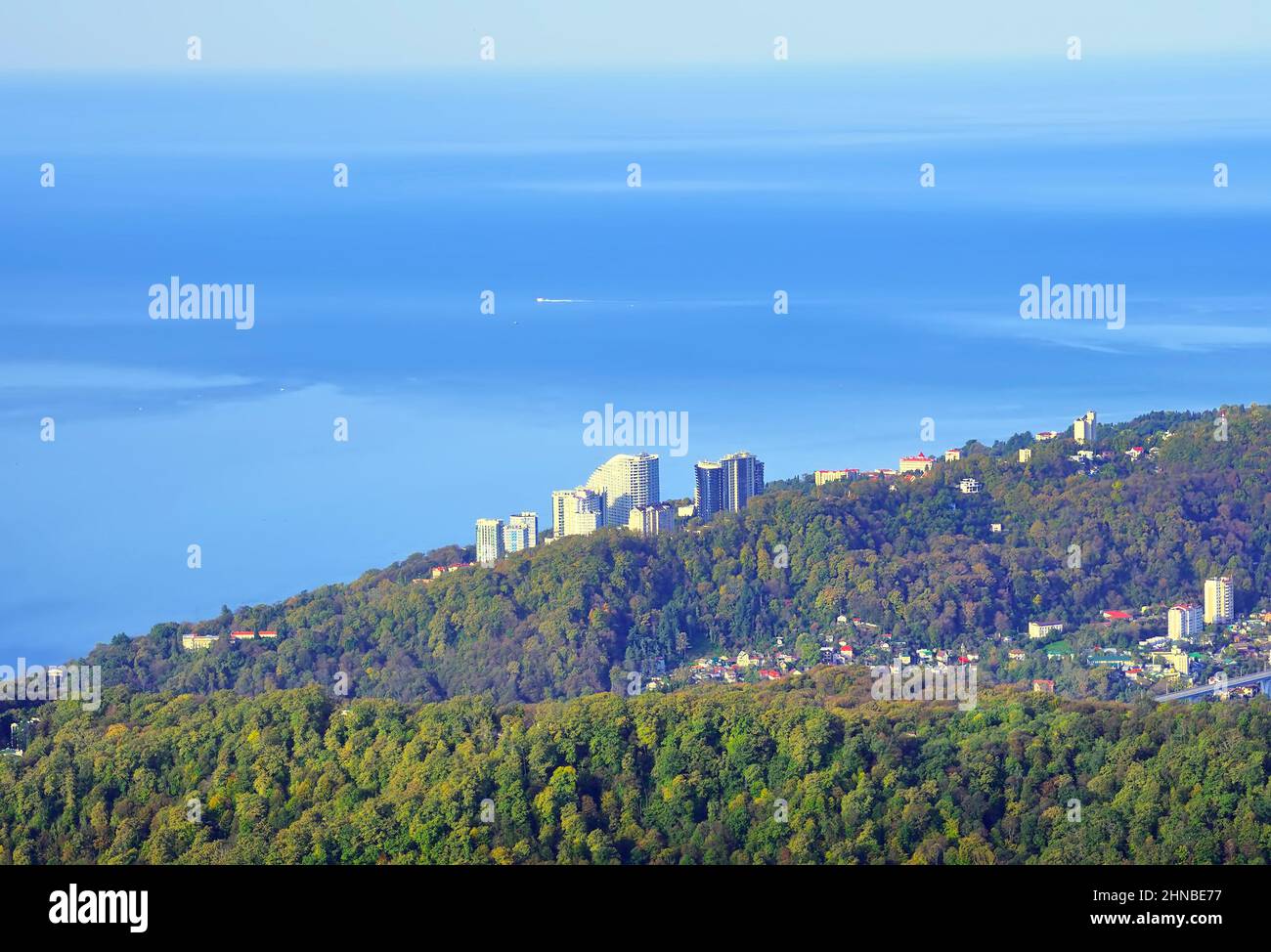 View of the green coast from Mount Akhun, water to the horizon. Sochi ...