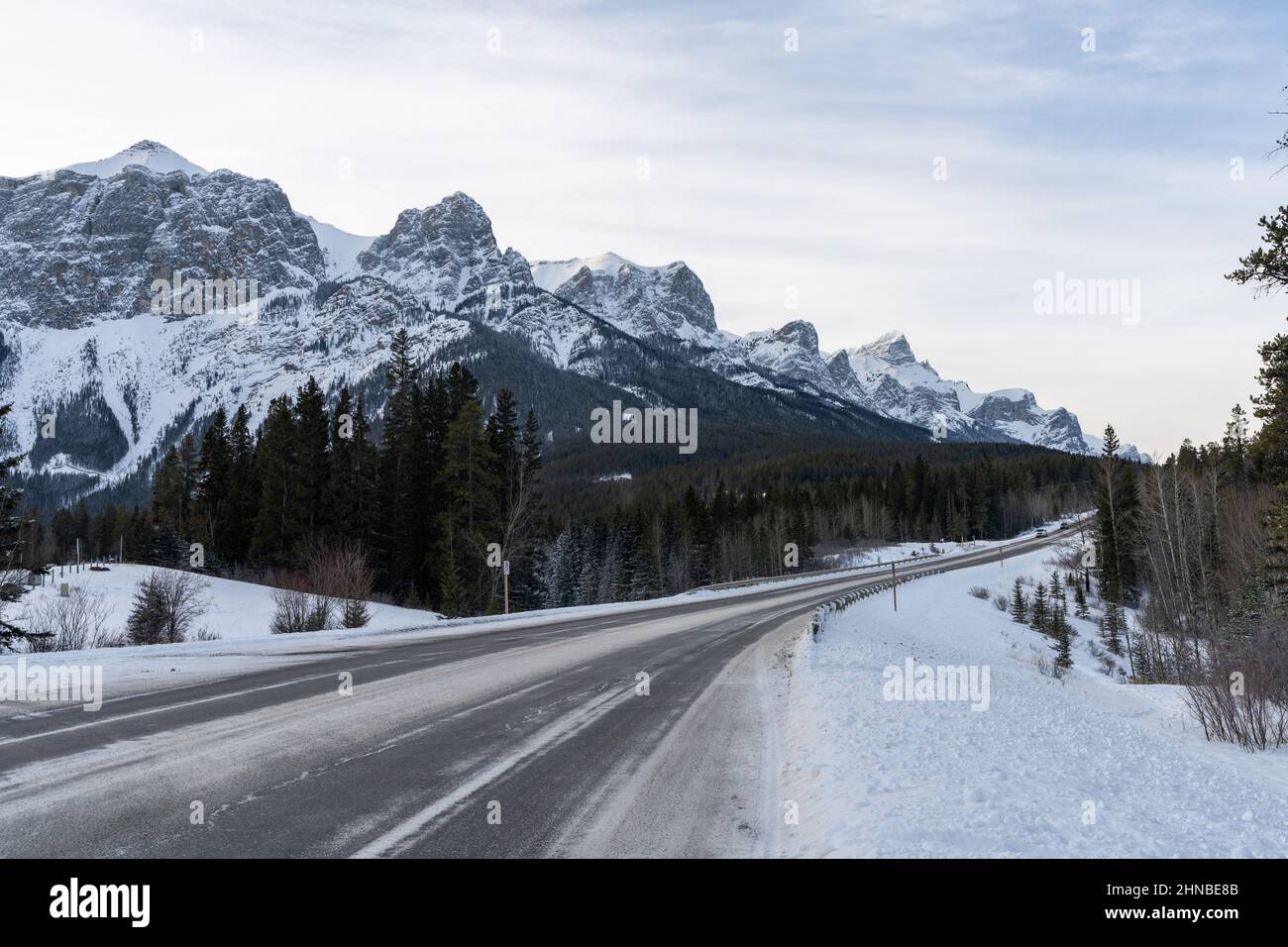 Alberta Highway 742 Three Sisters Parkway in winter. Snowcapped ...