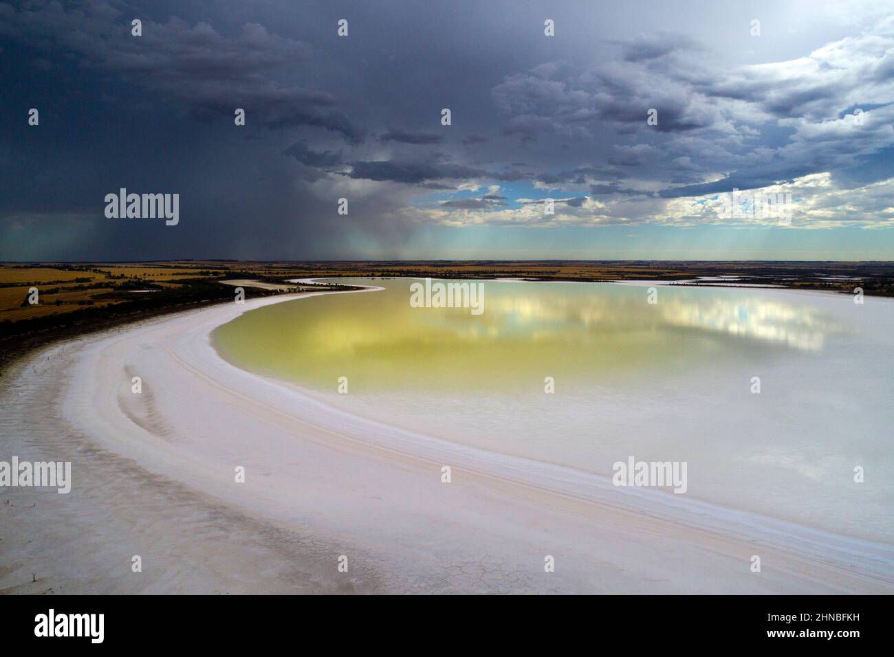 Aerial view of the Lake Ninan salt lake with approaching storm, Wongan ...