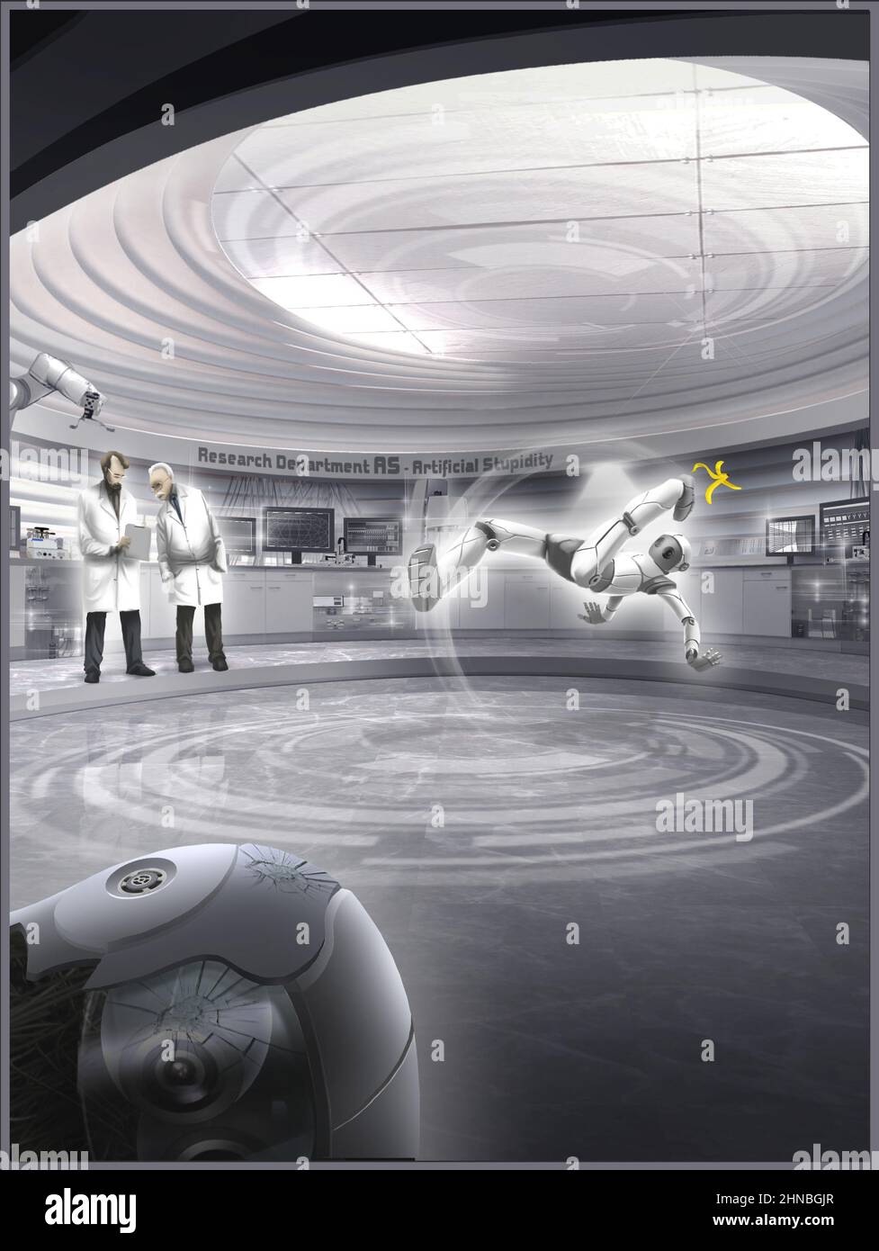 Robot slipping on banana skin, satirical illustration Stock Photo - Alamy