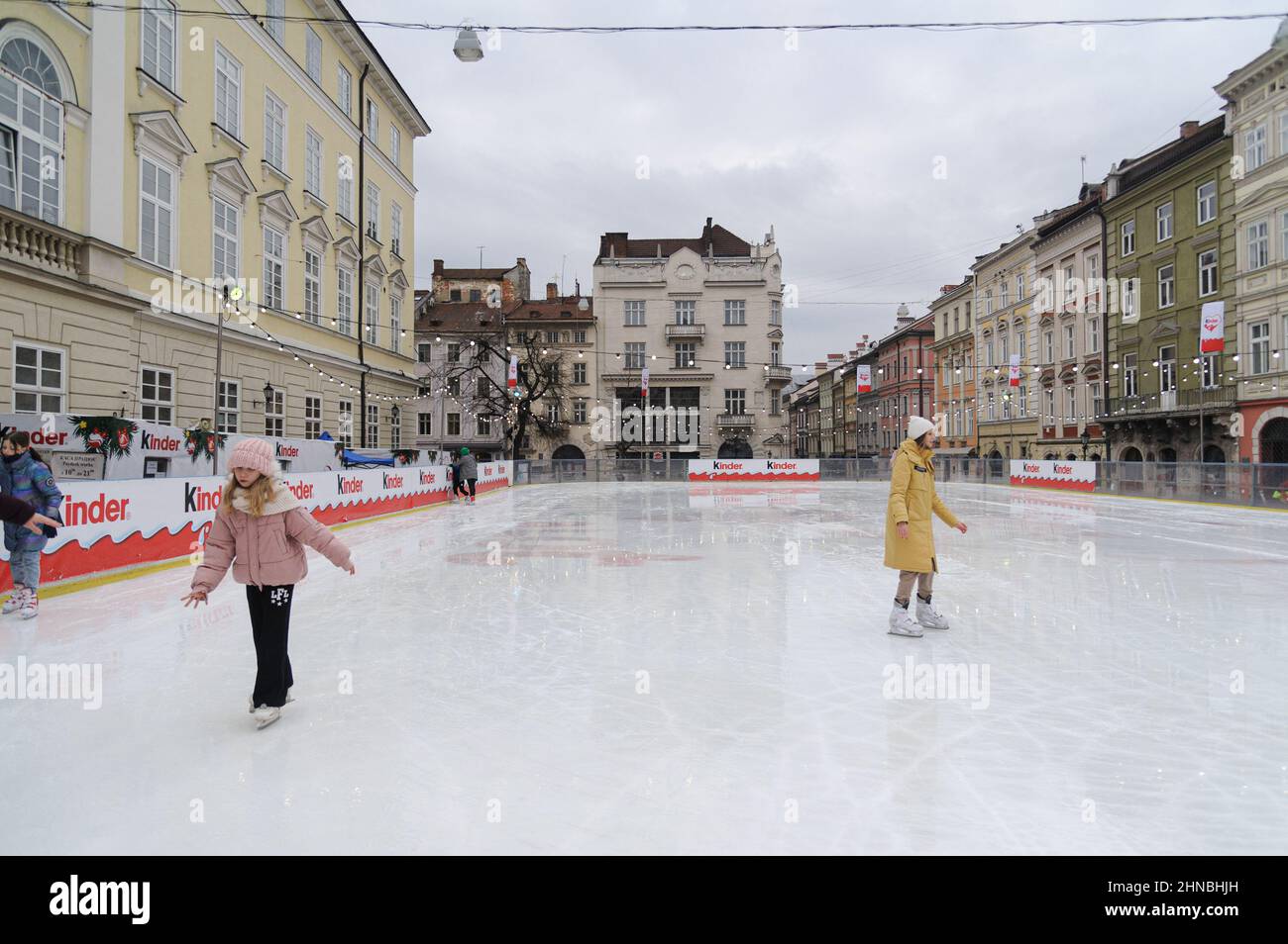 Lviv, Ukraine. 15th Feb, 2022. People skate on ice at Rynok square ...