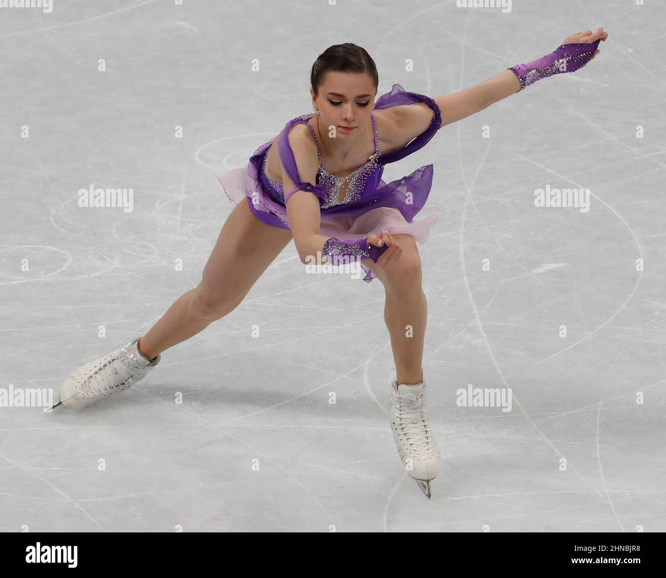 Beijing, Hebei, China. 15th Feb, 2022. Kamila Valieva (ROC) competes in ...