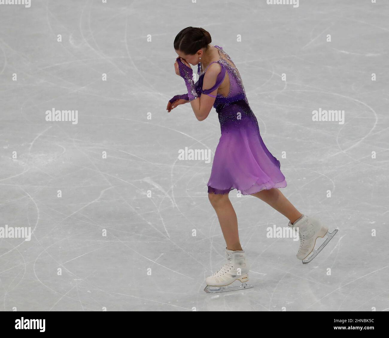 Beijing, Hebei, China. 15th Feb, 2022. Kamila Valieva (ROC) competes in ...