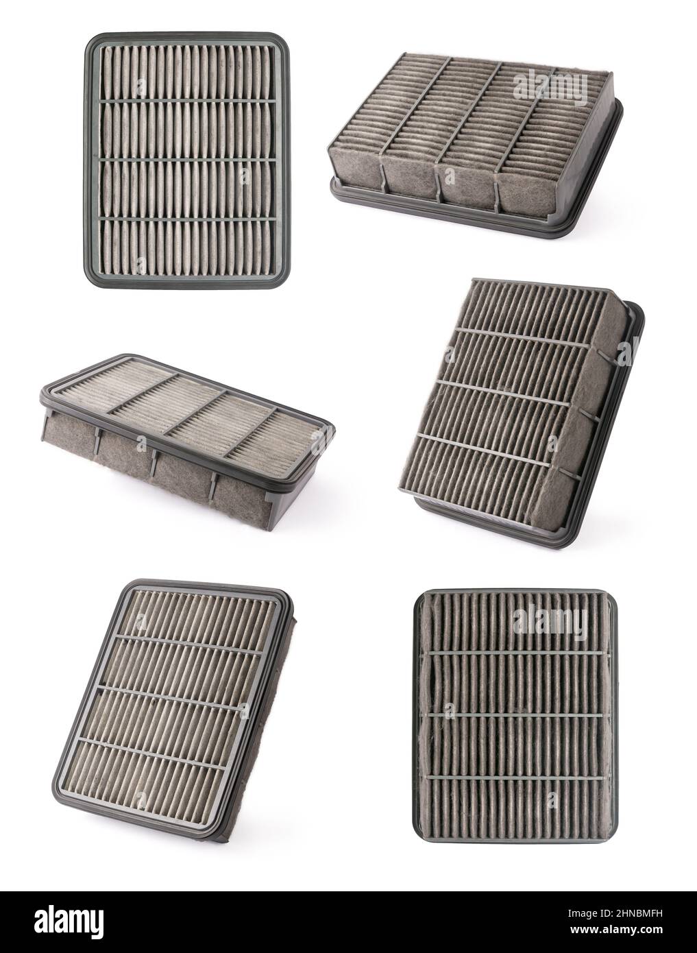 used dirty car air filter in different angles, isolated on white ...