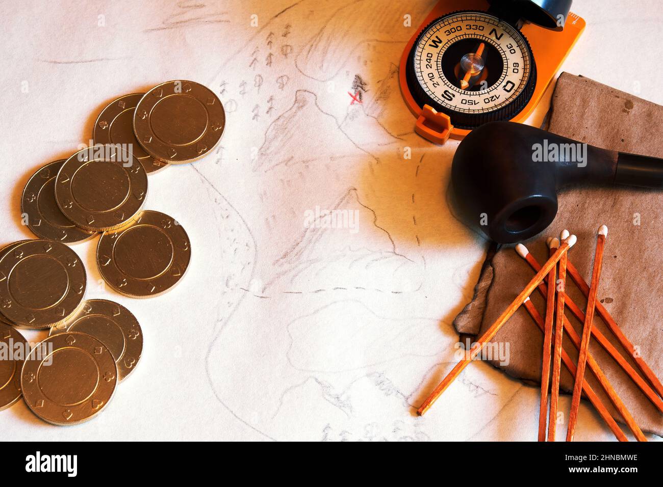 Classic adventures image with treasures map, gold coins, compass ...