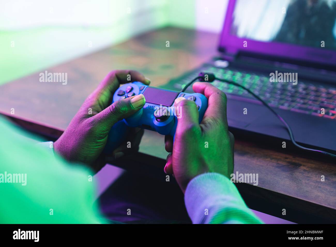 blue game pad joystick laptop computer - close up shot. High quality ...