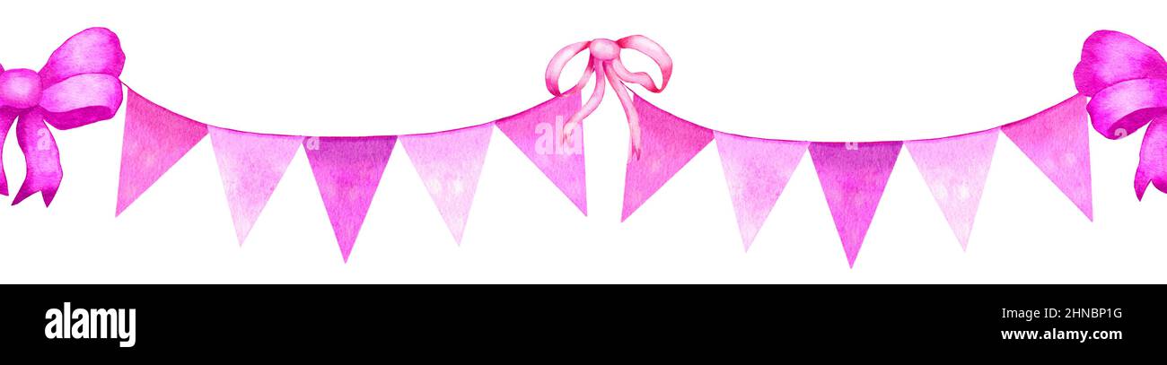 Watercolor hand drawn seamless horizontal border illustration of pink ...