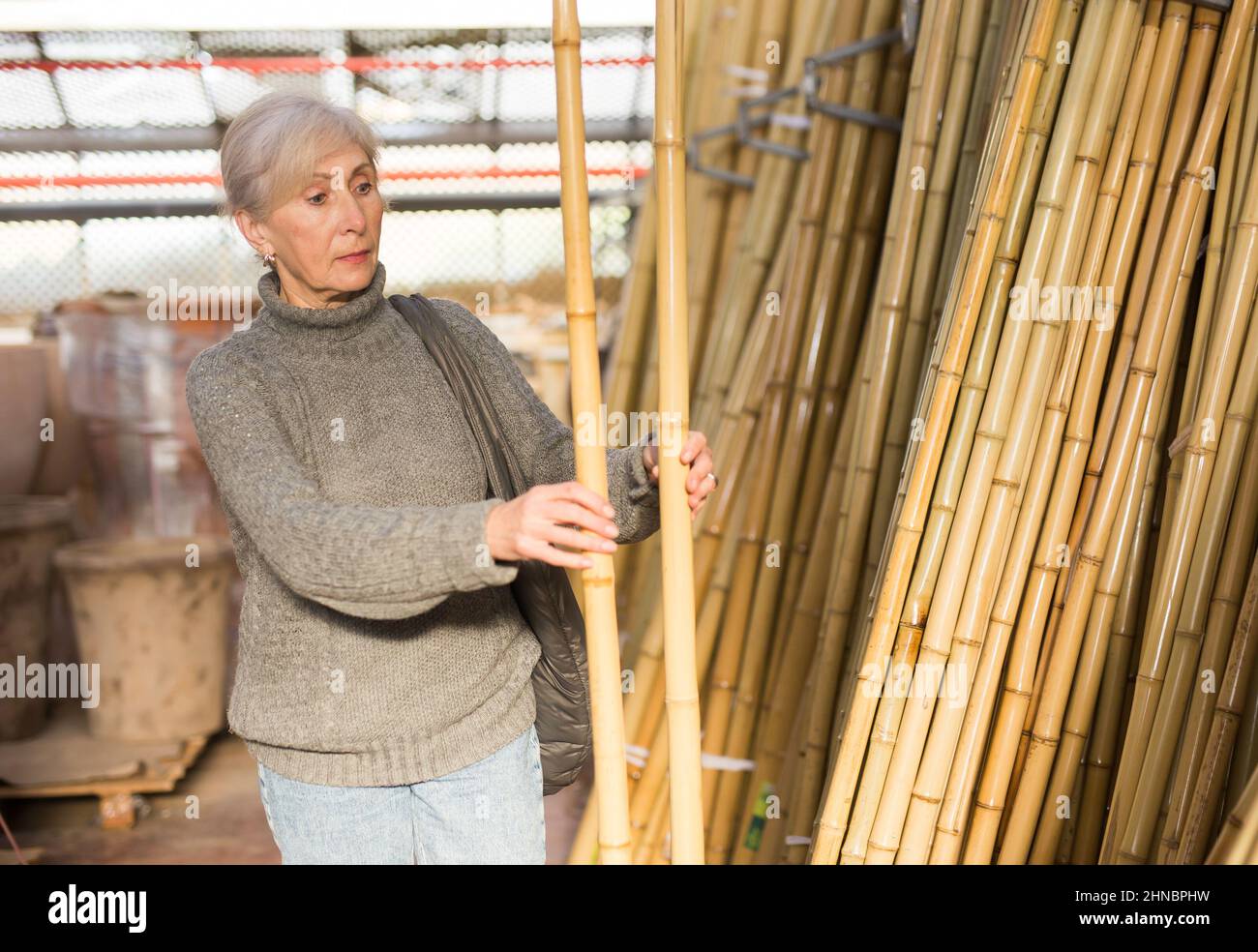 Mature woman choosing bamboo pole in store Stock Photo - Alamy