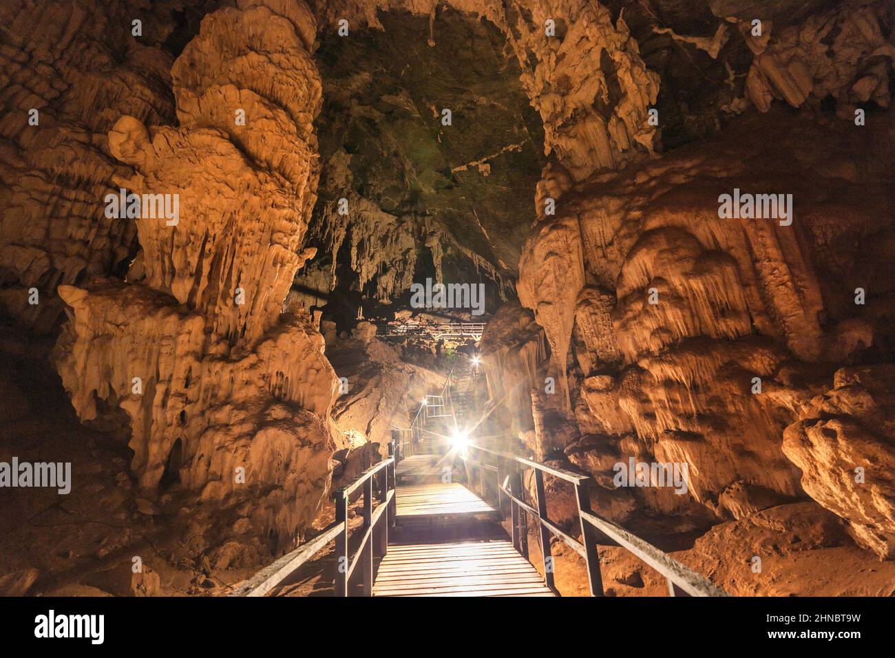The wooden walking path through stalagmite and stalactite in Phu Pha ...