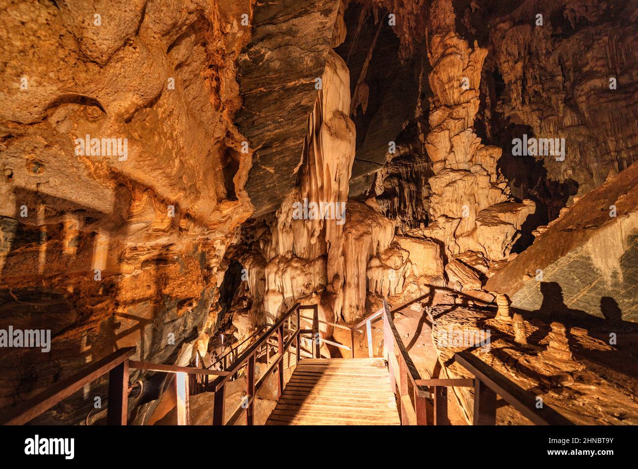 The wooden walking path through stalagmite and stalactite in Phu Pha ...