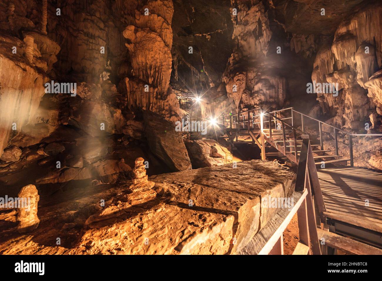 The wooden walking path through stalagmite and stalactite in Phu Pha ...