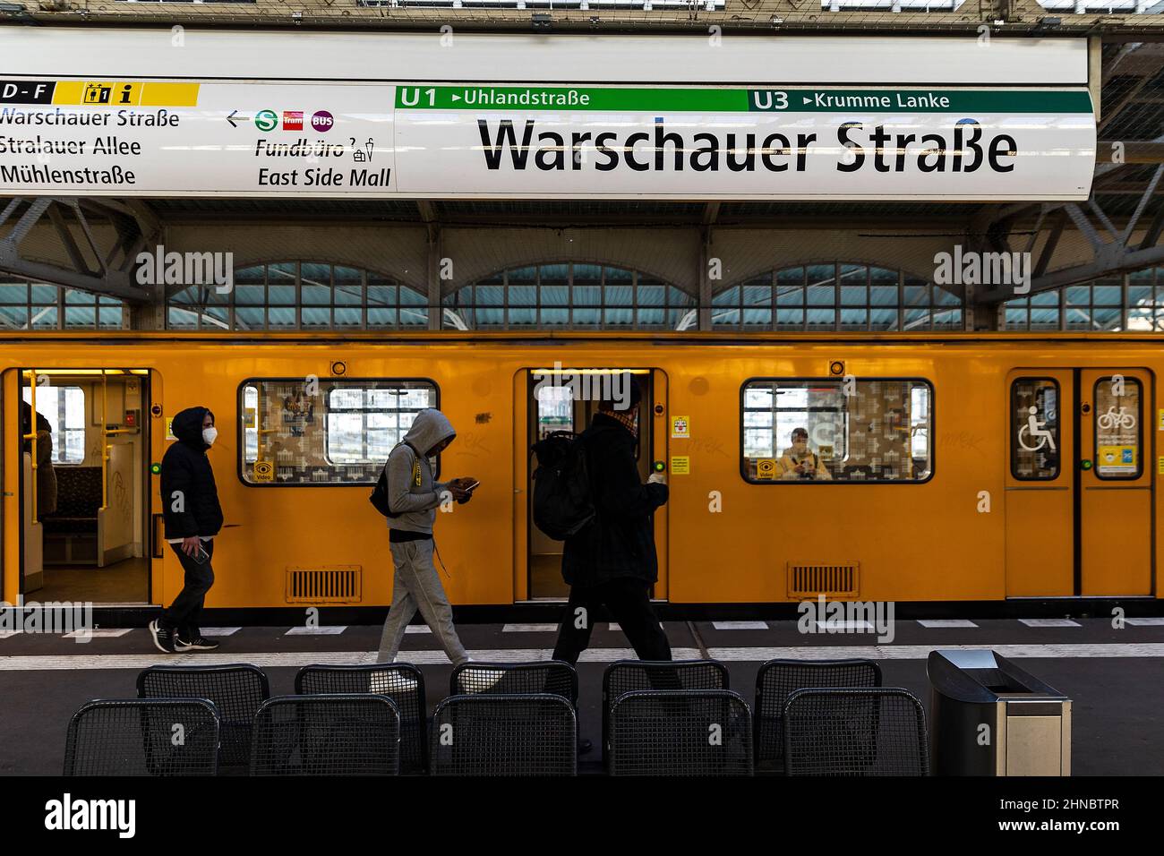 Berlin, Germany. 14th Feb, 2022. A subway train stops at Warschauer ...