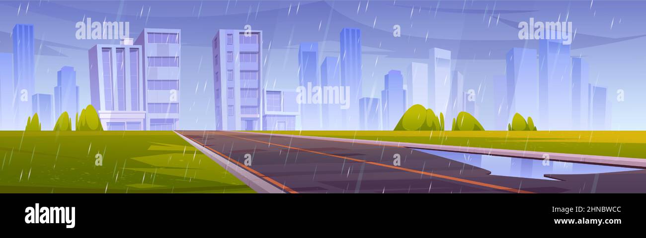 Road, city with buildings and skyscrapers and green lawn in rain ...