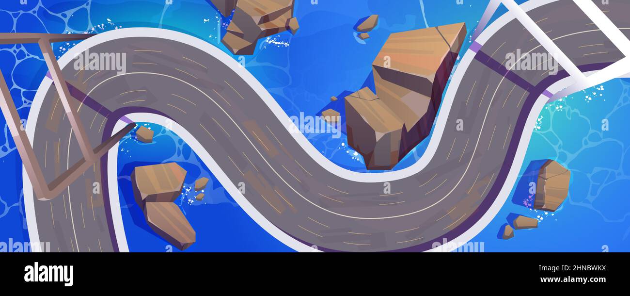 Road or bridge top view, winding highway over sea water surface ...