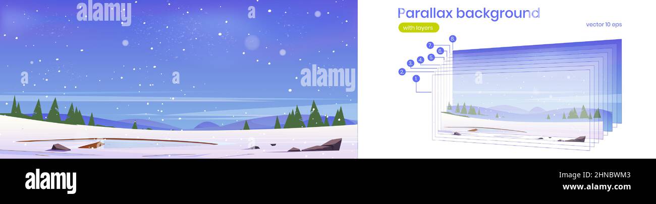 Snow field with frozen pond, conifers and hills on horizon. Vector ...