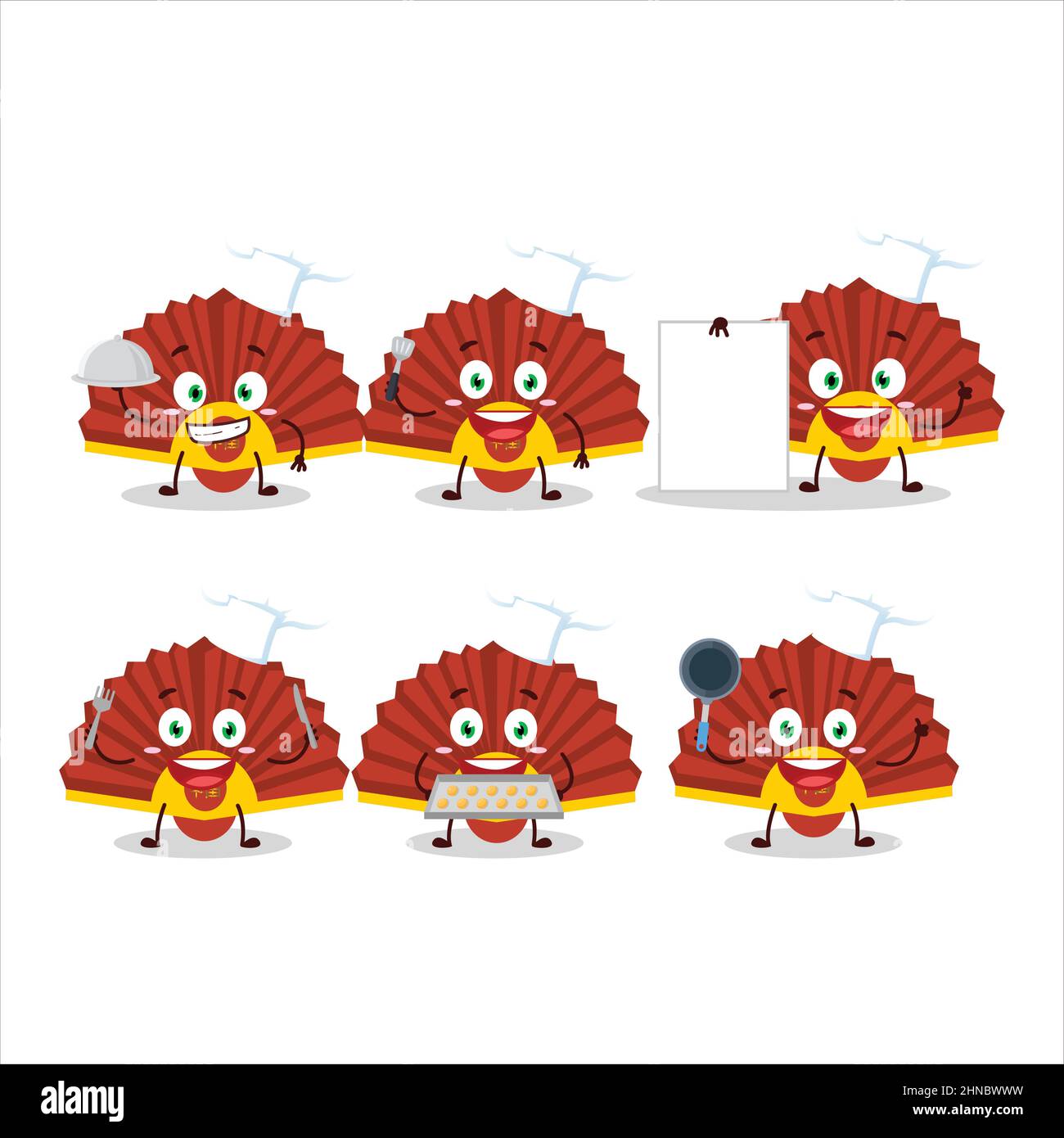 Cartoon character of red chinese fan with various chef emoticons ...